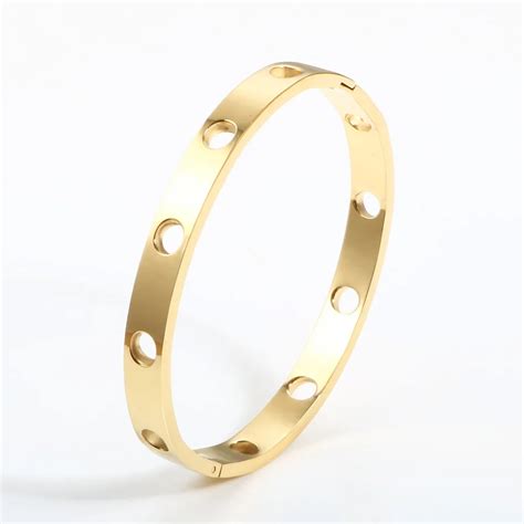 스테인레스 스틸 여성 커프 팔찌 And 팔찌 중공 라운드 홀 골드 도금 팔찌 여성 패션 골드 밴드 손목 쥬얼리뱅글 Aliexpress