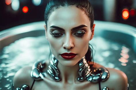Porträt eines schönen sexy cyborg mädchens in einer badewanne mit wasser aus der zukünftigen