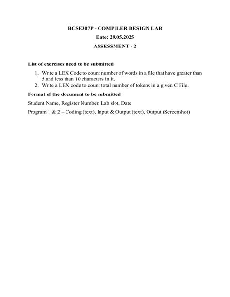 Compiler Design Lab Assessment Lex Code Exercises