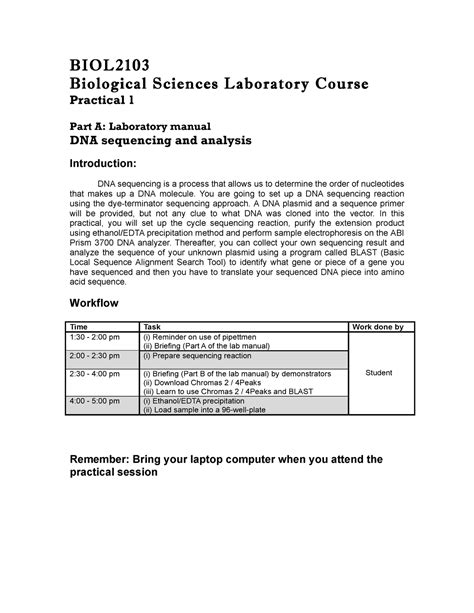 BIOL2103 Lab 1 BIOL2103 Biological Sciences Laboratory Course Practical 1 Part A Laboratory