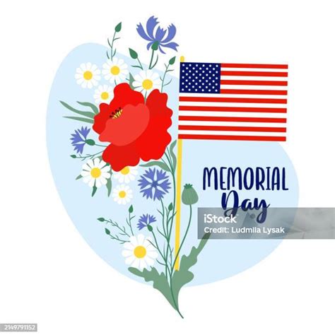 현충일 엽서 꽃다발 꽃 빨간 양귀비 푸른 수레국화 흰색 카모마일이 있는 미국 국기 디자인 국가 전통 공휴일 미국 독립 기념일에 대 한 벡터 일러스트 레이 션 4세기에 대한