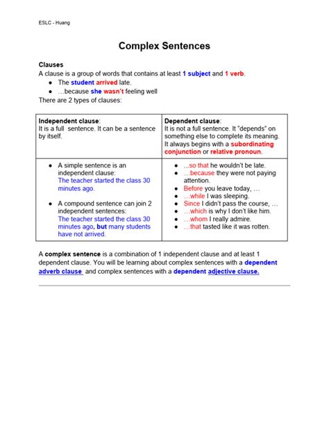 Complex Sentences1 With Adverb Clauses Eslc Repaired Pdf Clause Adverb