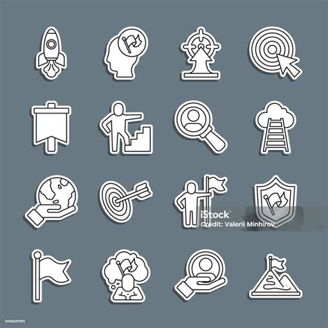 깃발 방패 계단 마무리 표적 깃발 로켓 우주선 및 돋보기로 산 줄을 설정하여 검색 아이콘을 표시합니다 벡터 0명에 대한 스톡 벡터 아트 및 기타 이미지 Istock