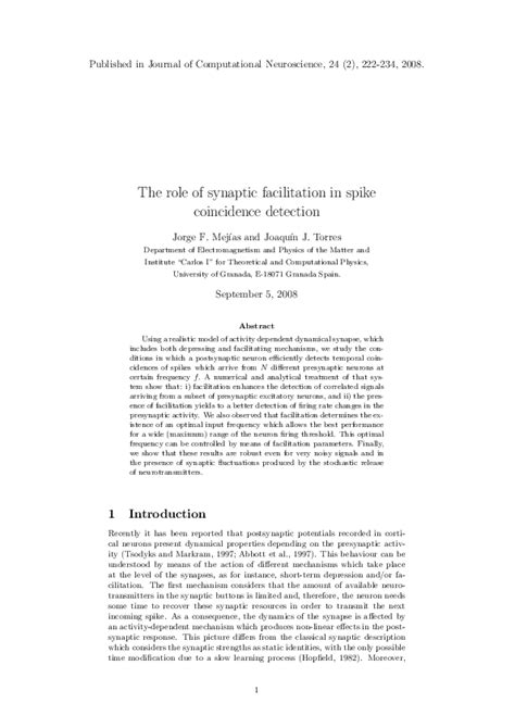 Pdf The Role Of Synaptic Facilitation In Spike Coincidence Detection