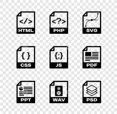 Set Html File Document Php Svg Ppt Wav And Psd Icon Vector Stock