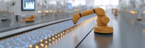 Yellow Robotic Arm Assembling High Tech Components In Lab Stock