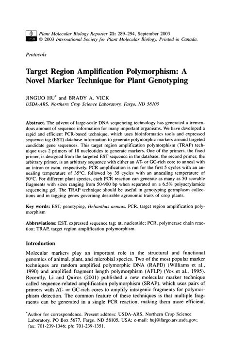 Pdf Target Region Amplification Polymorphism A Novel Marker