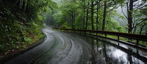Road In The Forest With Green Trees And Fog On A Rainy Day Premium Ai