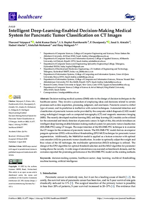Pdf Intelligent Deep Learning Enabled Decision Making Medical System For Pancreatic Tumor