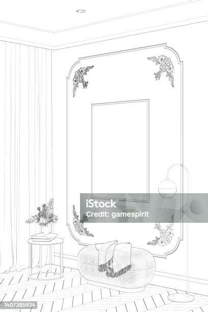 몰딩이있는 벽에 수직 포스터가있는 고전적인 인테리어의 스케치 격자무늬가있는 의자 근처의 커피 테이블에 꽃병에있는 꽃 커튼이있는 창문 옆의 플로어 램프 3차원 형태에 대한
