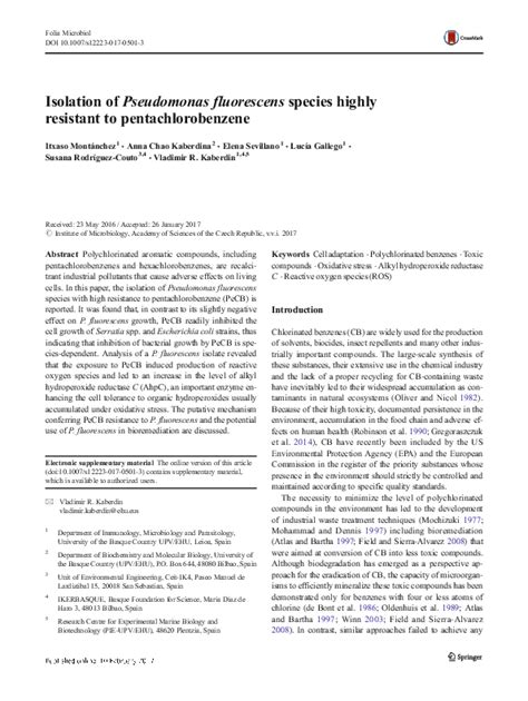 Pdf Isolation Of Pseudomonas Fluorescens Species Highly Resistant To Pentachlorobenzene