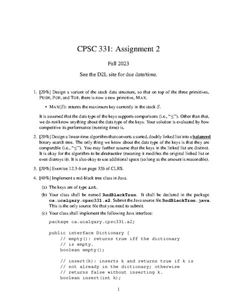 A2 Assignment 2 Overview For Cpsc 331 Cpsc 331 Assignment 2 Fall