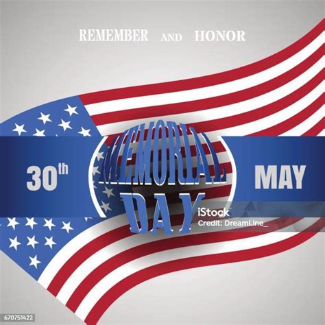 볼록 텍스트와 블루 리본 현충일 벡터 포스터는 미국 국기와 그라데이션 회색 배경에 종이 그림자에서 잘라 3차원 형태에 대한 스톡 벡터 아트 및 기타 이미지 Istock