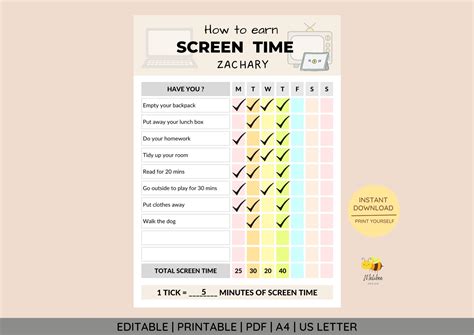 Editable Screen Time Tracker Chart • Screen Time Rules • Screen Time Checklist • Printable Chart