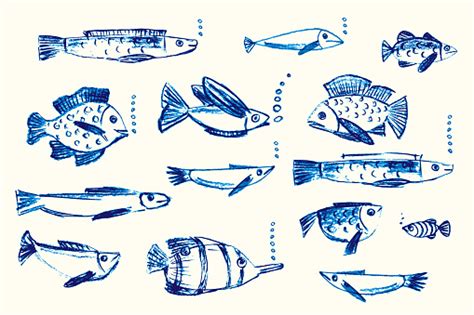 크레용 손으로 그린 다양 한 물고기 세트 낙서 모양 귀여운 바다 무늬 해양 어린이 학교 배경 흰색 배경에 분필 스케치 요소 벡터 일러스트레이션 물고기에 대한 스톡 벡터 아트
