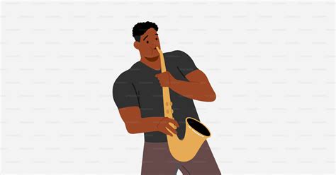 하얀 배경에 고립된 색소폰을 연주하는 아프리카 남성 캐릭터 음악 재즈 밴드 엔터테인먼트 콘서트 색소폰 연주자 블로잉