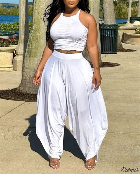 Eromis Stylish Ruched Crop Top And Harem Pants Ensemble White Xl