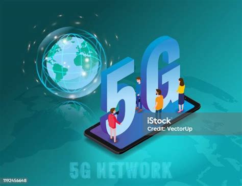 아이소메트릭 5g 네트워크 무선 기술 템플릿 지구 행성 문자 5g과 작은 사람들과 아이소 메트릭 스마트 폰 글로벌 고속 인터넷