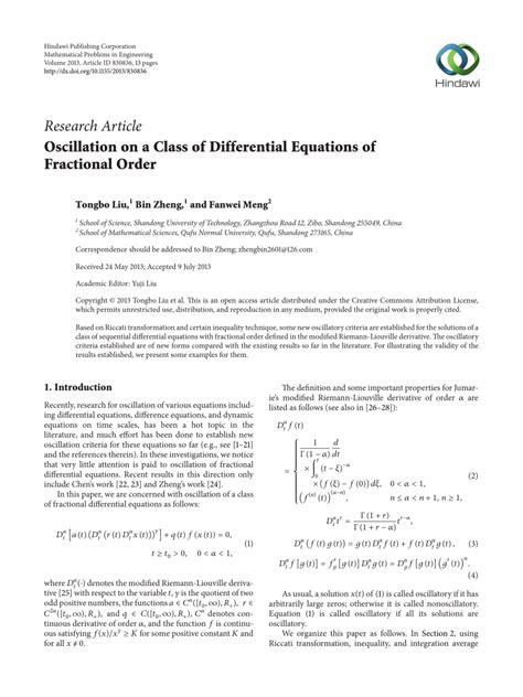Pdf Oscillation On A Class Of Differential Equations Of Fractional Order