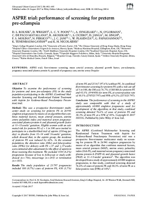 Pdf Aspre Trial Performance Of Screening For Preterm Pre Eclampsia