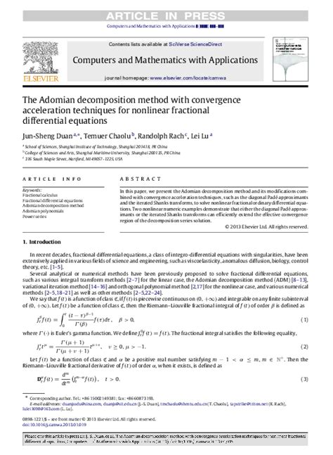 Pdf The Adomian Decomposition Method With Convergence Acceleration Techniques For Nonlinear