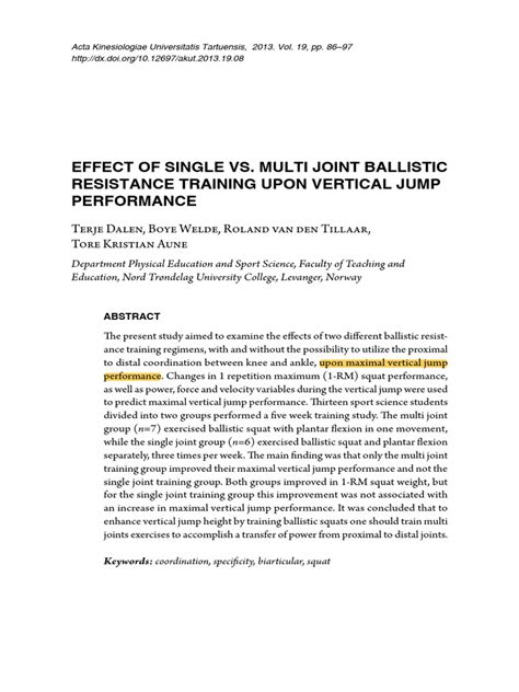 Single Vs Multi Joint Ballistic Resistance Training Upon Vertical Jump Performance Pdf