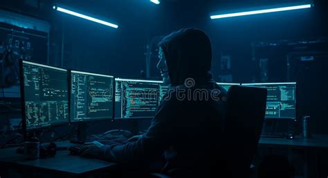 Cybersecurity Hacker Working Late Night In A Dark Room With Multiple Monitors Displaying Code