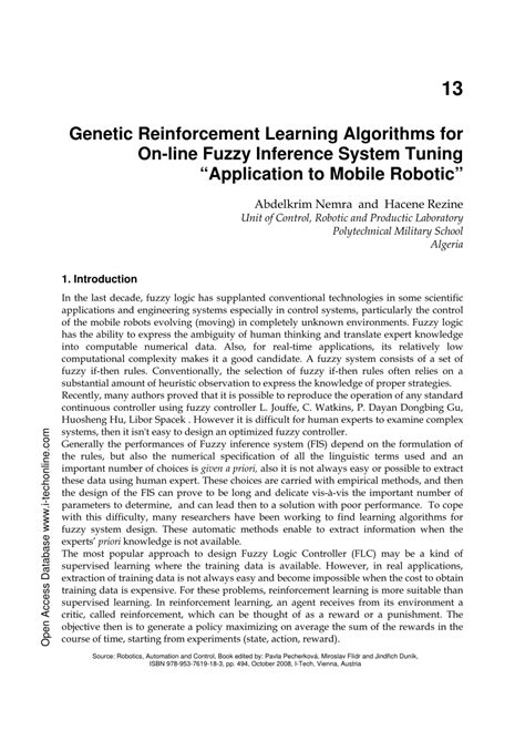 Pdf Genetic Reinforcement Learning Algorithms For On Line Fuzzy