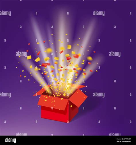 Open Red T Box And Colour Confetti Bright Rays Vector Illustration Isolated Template
