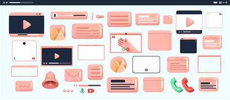 앱 및 웹 사이트에 대한 디자인 집합입니다 플레이어의 막대를 스크롤합니다 여러 색상의 아이콘 템플릿 프레임 비디오 플레이어 소셜 미디어를위한 현실적인 3d 객체 벡터