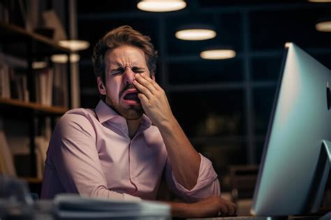 Tired Young Man Yawning While Working Late At The Office Premium Ai Generated Image