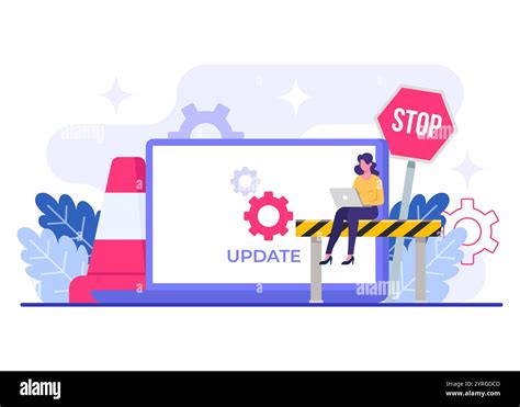 Laptop With Software Update Screen Flat Vector Illustration System Maintenance Update Process