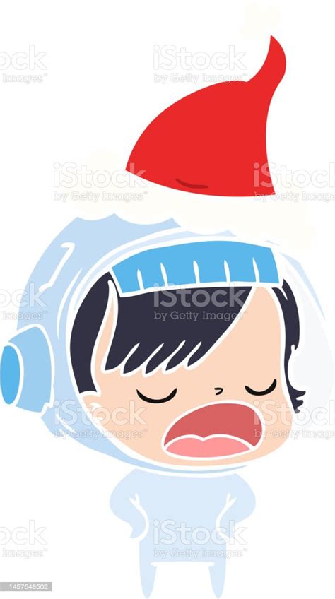 산타 모자를 쓰고 설명하는 우주 비행사 여성의 손으로 그린 평면 컬러 그림 낙서 드로잉에 대한 스톡 벡터 아트 및 기타 이미지 낙서 드로잉 노래 등장인물 Istock