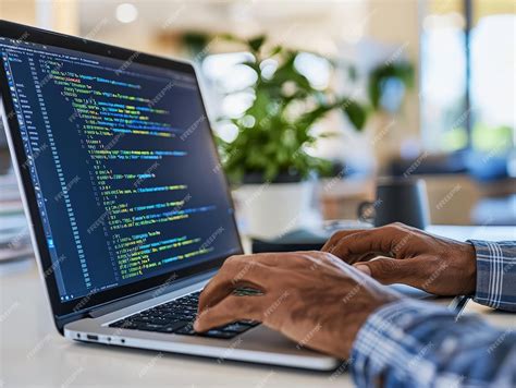 Realistic Image Of Developer Typing Code At Laptop Premium Ai Generated Image