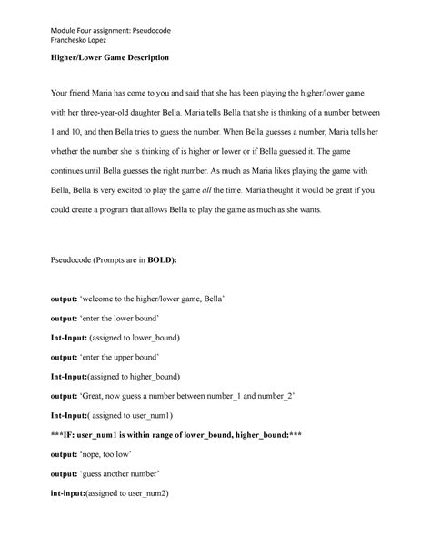 Higher Lower Pseudocode Module Four Assignment PseudocodeFranchesko
