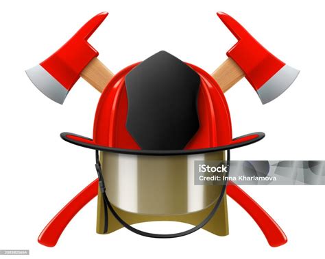 소방관 헬멧 또는 빨간 소방관 모자와 흰색 배경에 고립 된 두 개의 교차 축 현실적인 3d 벡터 일러스트 레이 션 3차원 형태에 대한 스톡 벡터 아트 및 기타 이미지