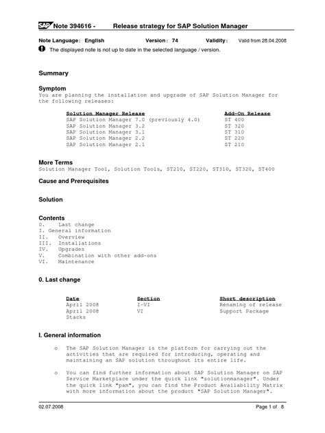 Sapnote 394616 Release Strategy For Sap Solution Manger Pdf Plug In Computing