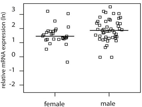 jitter plot showing the relative logarithmic ln expression of