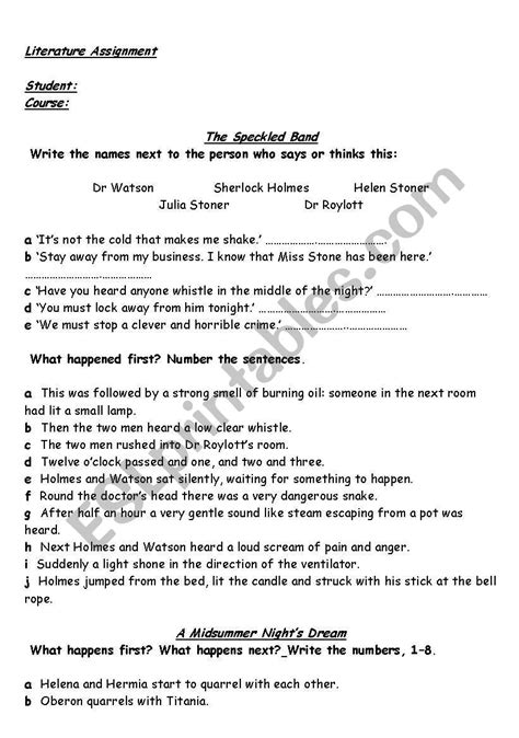Literature Assignment Esl Worksheet By Miss Cande