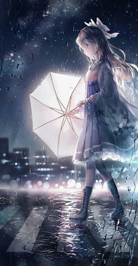二次元 少女 黑发 蓝瞳 蝴蝶结 雨夜 马路 伞 深蓝色系 唯美 星空 画师 星飴