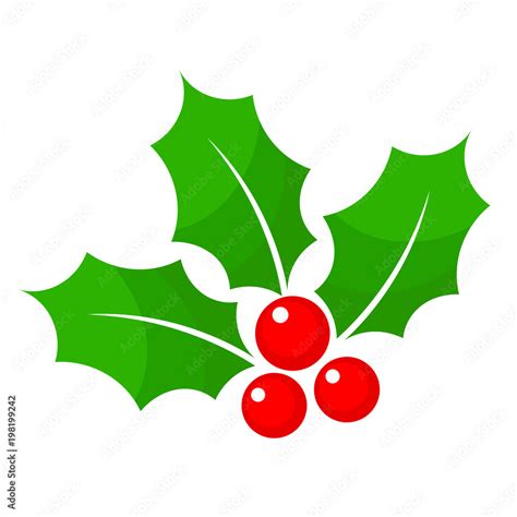 Christmas Holly Berry Flat Icon In Cartoon Style On White Stock Vector