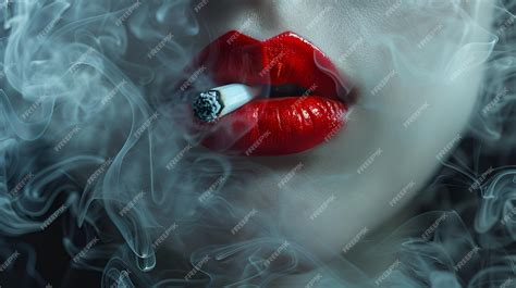 Closeup Of Asian Woman Smoking With Red Lips And Swirling Smoke On