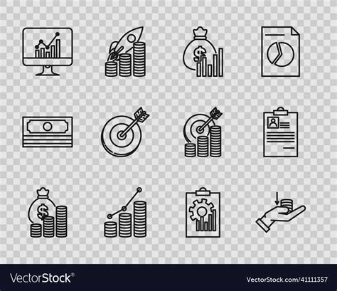 Set Line Money Bag And Coin Hand Diagram Graph Vector Image