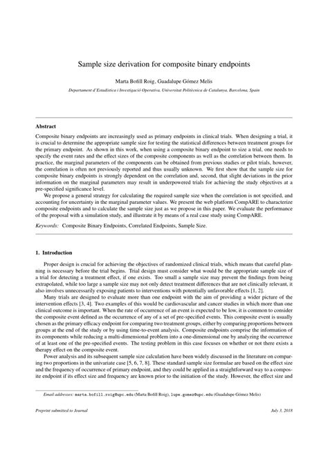 Pdf Sample Size Derivation For Composite Binary Endpoints