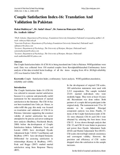 Pdf Couple Satisfaction Index 16 Translation And Validation In Pakistan