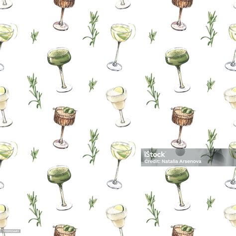 수채화 무늬 칵테일 잔 말차 마티니 마가리타 손으로 그린 그림은 흰색 배경에 분리되어 있습니다 알코올 음료가 들어간 레시피 목록 카페에 딱 맞습니다 마티니에 대한 스톡 벡터