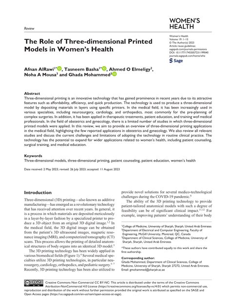 Pdf The Role Of Three Dimensional Printed Models In Womens Health
