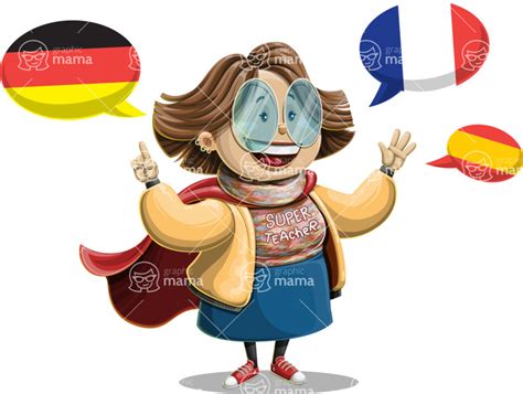 Female Superhero Teacher Cartoon Character Set Speaking Different