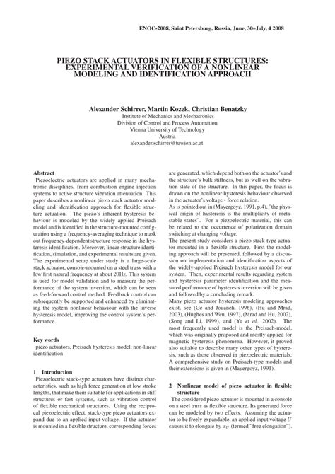 Pdf Piezo Stack Actuators In Flexible Structures Experimental Verification Of A Nonlinear