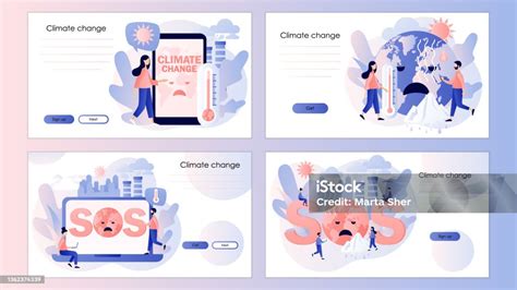 기후 변화 지구 온난화 개념 Sos 지구를 구하려고 노력하는 작은 사람들 생태 학적 위험 방문 페이지 템플릿 Ui 웹 모바일 앱